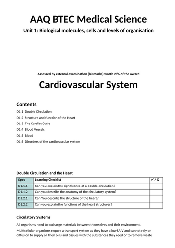 NEW: AAQ BTEC Medical Science Unit 1Di Cardiovascular System - Workbook ...