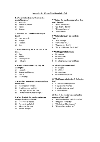 Macbeth - Act 3 Multiple Choice Quizzes | Teaching Resources