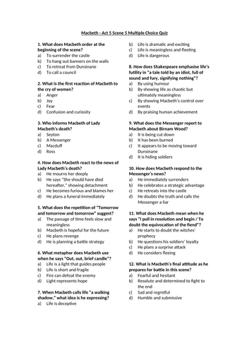 Macbeth - Act 5 Multiple Choice Quizzes | Teaching Resources