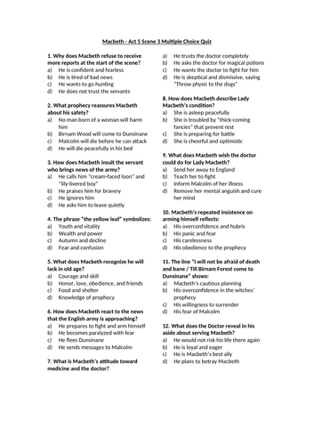 Macbeth - Act 5 Multiple Choice Quizzes | Teaching Resources