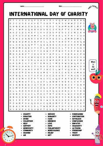International Day of Charity Word Search Puzzle Worksheet Activity ...