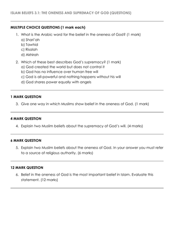 GCSE Model Answers Islam Beliefs FULL SET AQA | Teaching Resources