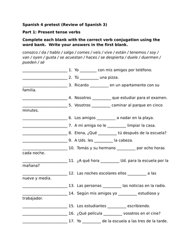 Spanish 4 pretest (Review of Spanish 3) | Teaching Resources