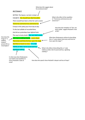 Macbeth - Act 5 Scene 5 Lady Macbeth’s Death | Teaching Resources