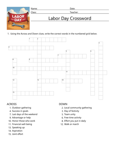 Labor Day Crossword Challenge | Teaching Resources