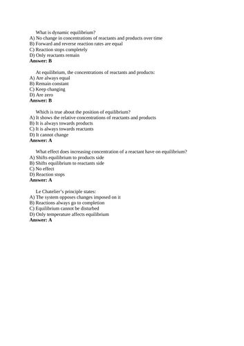 AQA A-Level Chemistry Recall Questions – 3.1.6 Chemical Equilibria, Le ...