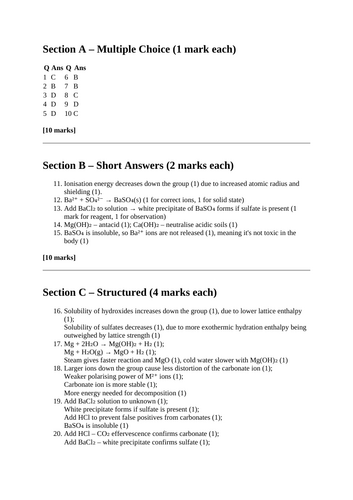 AQA A-Level Chemistry End of Topic Test – 3.2.2 Group 2: The Alkaline ...