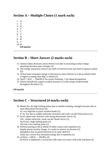 AQA A-Level Chemistry End of Topic Test – 3.2.1 Periodicity | Teaching ...