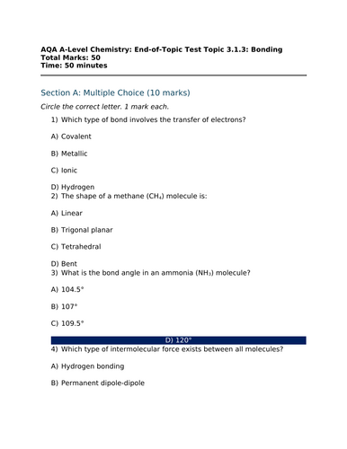 AQA A-Level Chemistry End of Topic Test – 3.1.3 Bonding | Teaching ...