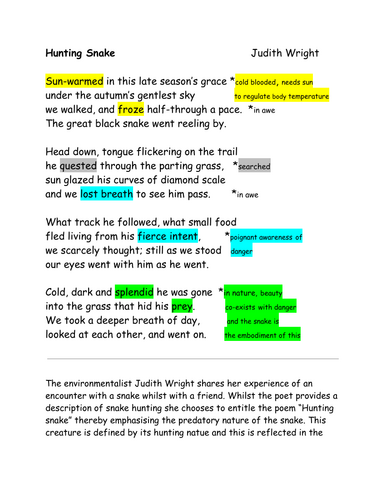 iGCSE ENGLISH LITERATURE poetry analysis "Hunting Snake" | Teaching ...
