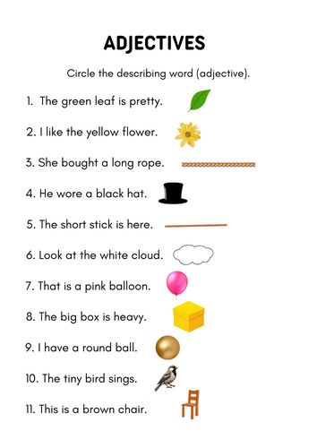 Circle the adjective with answers worksheet for grade 1,2,3 | Teaching ...