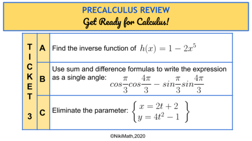 PreCalculus Review - Back to School - Get Ready for Calculus | Teaching Resources