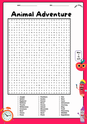 Animal Adventure Word Search Puzzle Worksheet + Key Answer | Teaching ...