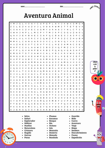 Animal Adventure Word Search Puzzle In Spanish Worksheet + Key Answer ...