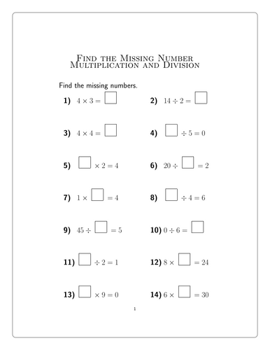 Find the Missing Number Multiplication and Division Worksheet (with ...