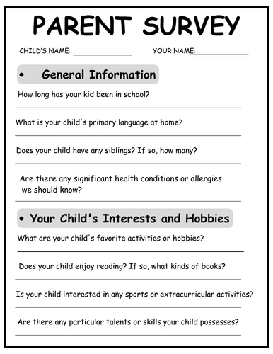 Parent Survey Getting to Know your Child Parent Questionnaire Back to ...