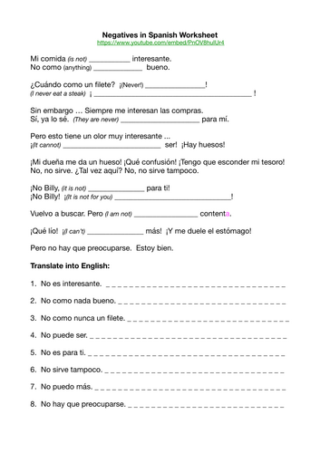 Negatives in Spanish in a Story + Video | Teaching Resources