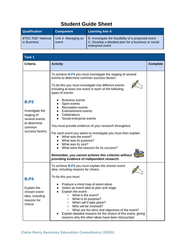 BTEC National in Business - Unit 4: Managing an Event learning aim B ...
