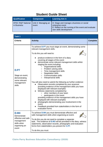 BTEC National in Business - Unit 4: Managing an Event learning aim D ...