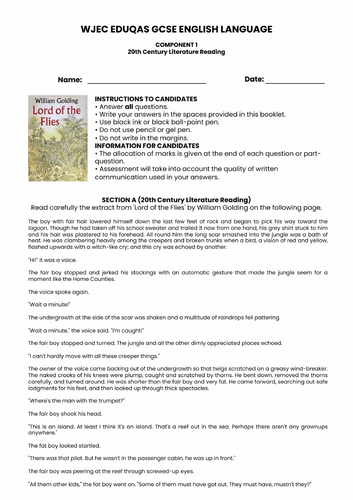 GCSE English Language WJEC - Paper 1 Practice Questions - Lord of the ...