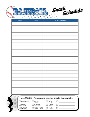 Editable BASEBALL Snack Schedule | Team Sign-Up Sheet Template | Game ...