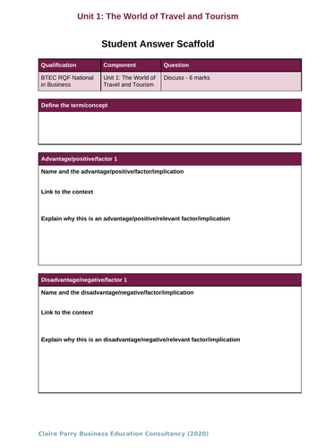 BTEC National in Travel and Tourism Unit 1 - Student Answer Scaffolds ...
