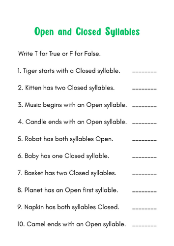 Printable Open and Closed Syllables Worksheet | Teaching Resources
