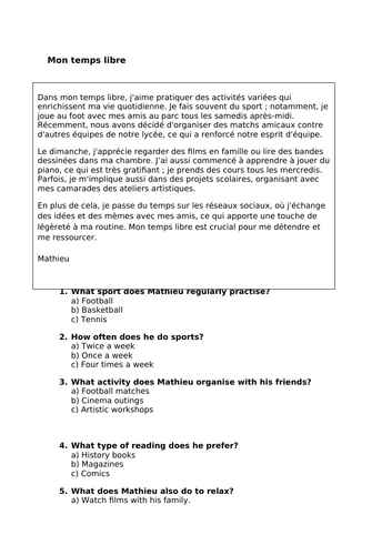 French - GCSE - National-5 - Free time - Reading - Listening-Practice ...