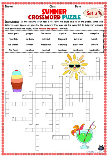 Summer Colour / Black and White Differentiated Crossword Printables ...