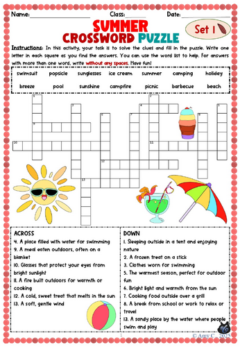Summer Colour / Black and White Differentiated Crossword Printables ...