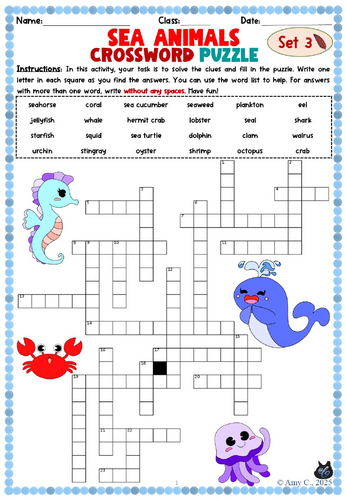 Sea Animals Colour / B&W Differentiated Crossword Printables with Word ...