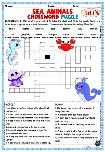 Sea Animals Colour / B&W Differentiated Crossword Printables with Word ...