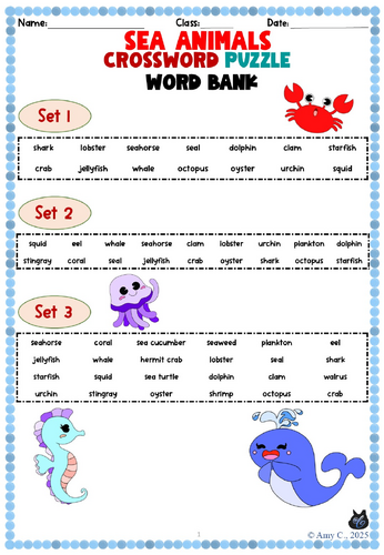 Sea Animals Colour / B&W Differentiated Crossword Printables with Word ...