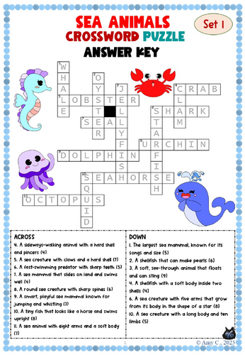 Sea Animals Colour / B&W Differentiated Crossword Printables with Word ...