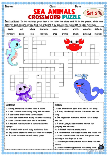 Sea Animals Colour / B&W Differentiated Crossword Printables with Word ...