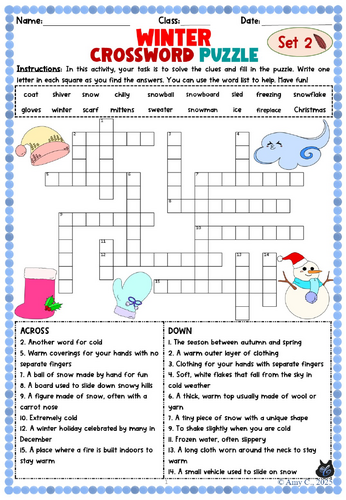 Winter Season Colour / B&W Differentiated Crossword Printables with ...