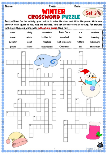 Winter Season Colour / B&W Differentiated Crossword Printables with ...