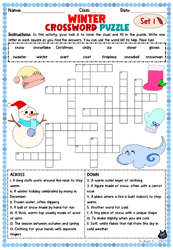 Winter Season Colour / B&W Differentiated Crossword Printables with ...