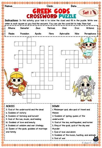 Greek Gods Differentiated Crossword Puzzles with Word Bank and Colour ...