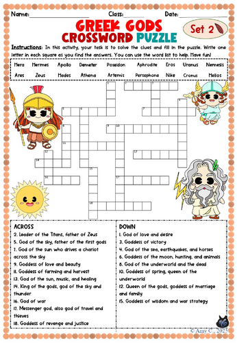 Greek Gods Differentiated Crossword Puzzles with Word Bank and Colour ...