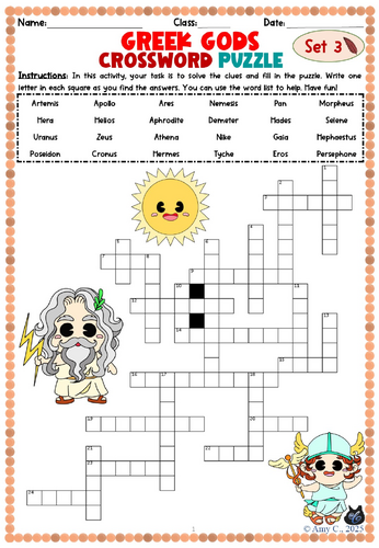 Greek Gods Differentiated Crossword Puzzles with Word Bank and Colour ...
