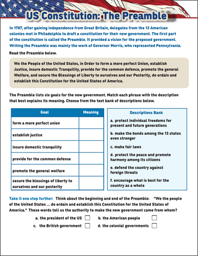 US Constitution Preamble Worksheet & Activity | Goals of Government ...