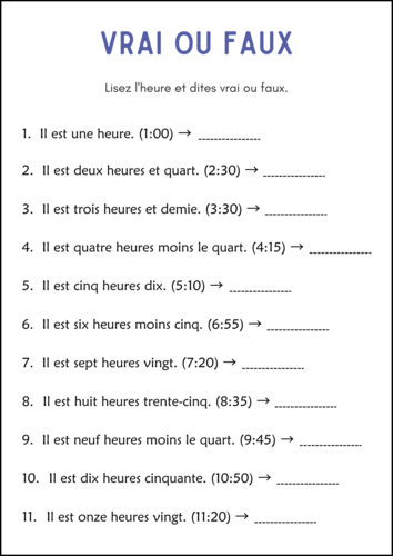 How to Tell Time Practice Activities Worksheets in French - Comment ...