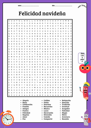 Holiday Happiness Word Search Puzzle In Spanish Worksheet + Answer Key ...