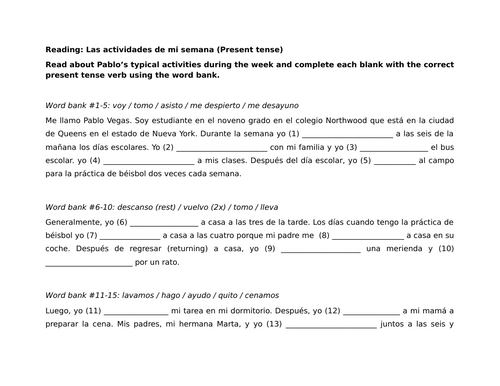 Reading: Las actividades de mi semana (Present tense) | Teaching Resources