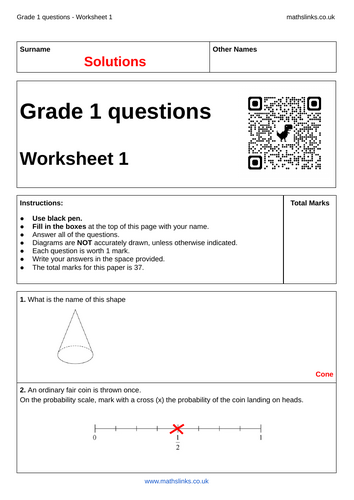 Grade 1 GCSE Maths Worksheet. 1 mark exam style questions. | Teaching ...