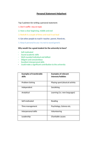 How to write a UCAS Personal Statement Handout | Teaching Resources