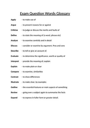 GCSE and A Level Exam Question Words Glossary | Teaching Resources