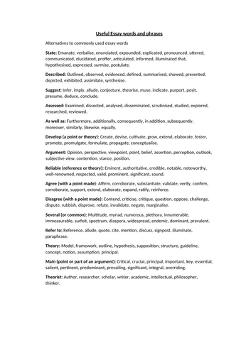 GCSE and A Level Essay Word Bank Handout | Teaching Resources