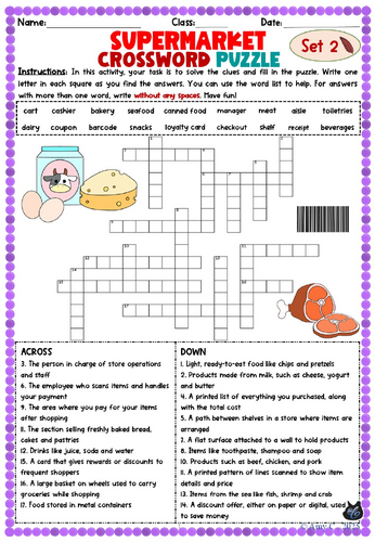 Supermarket Color / B&W Differentiated Crossword Printables with Word ...